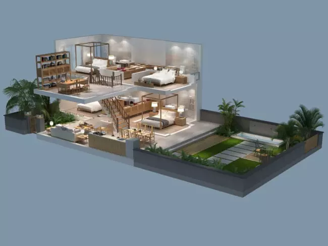 ilustração 3D da vista isométrica de uma villa
