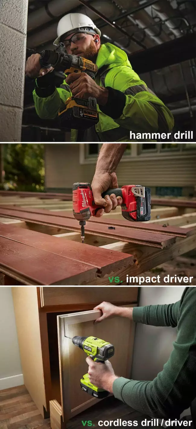 hammer drill vs impact driver vs cordless drill / driver